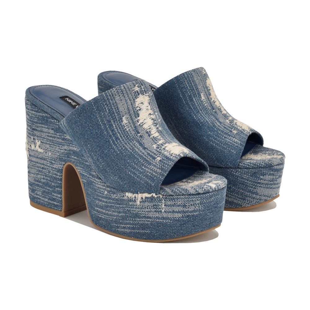 Women's Olley Platform Slide Sandals - Distressed Denim | Nine West